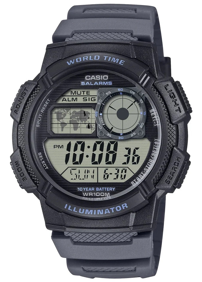 AE1000W-8A CASIO DIGITAL WORLD TIME ILLUMINATOR LIGHT GREY RESIN BAND ...